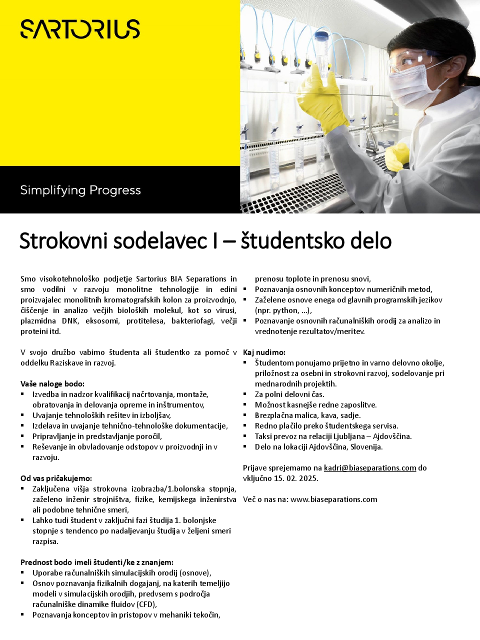 Strokovni sodelavec I – študentsko delo (Sartorius BIA Separations ): FKKT